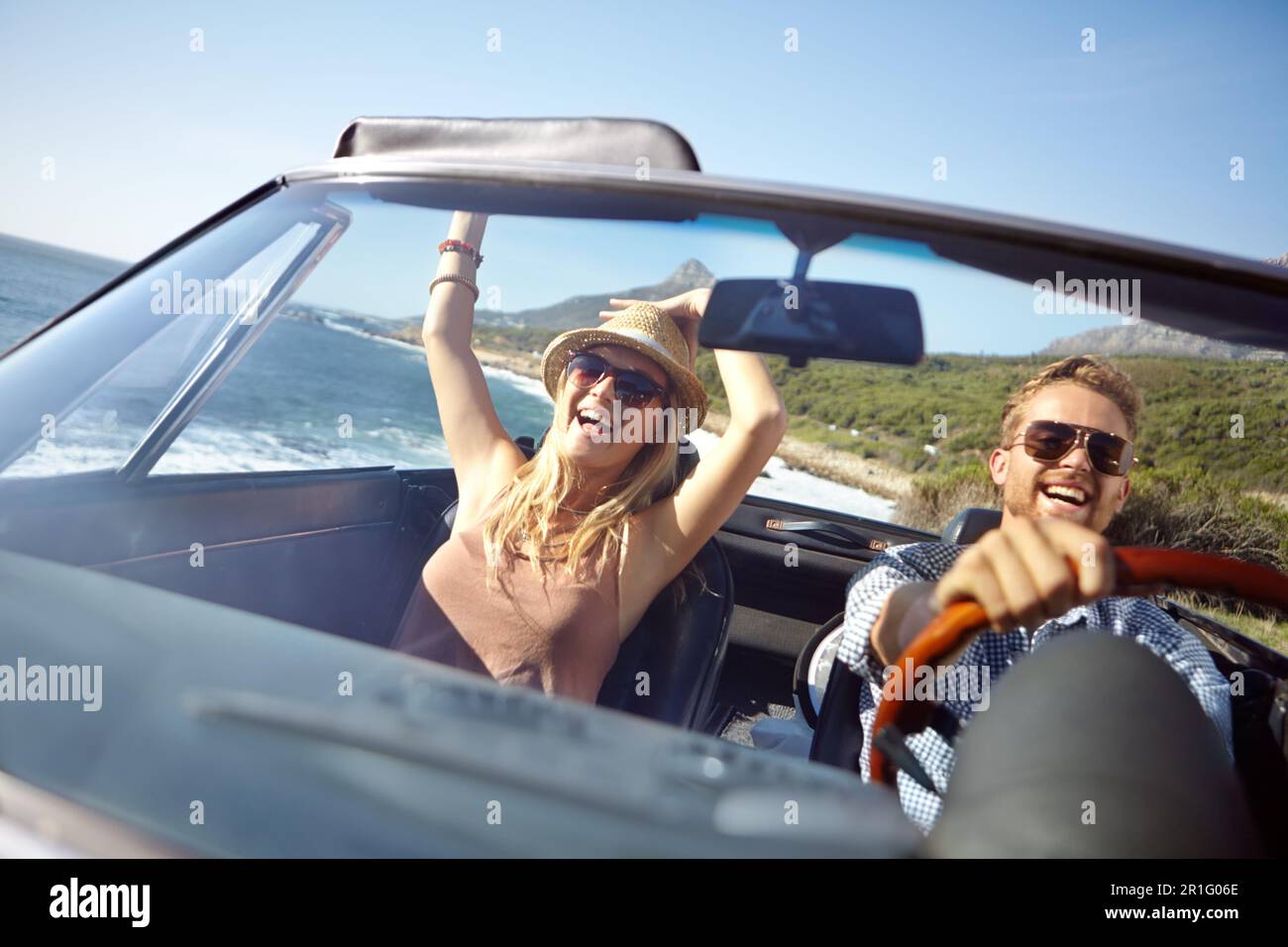 Car road trip, travel and happy couple on ocean holiday adventure ...