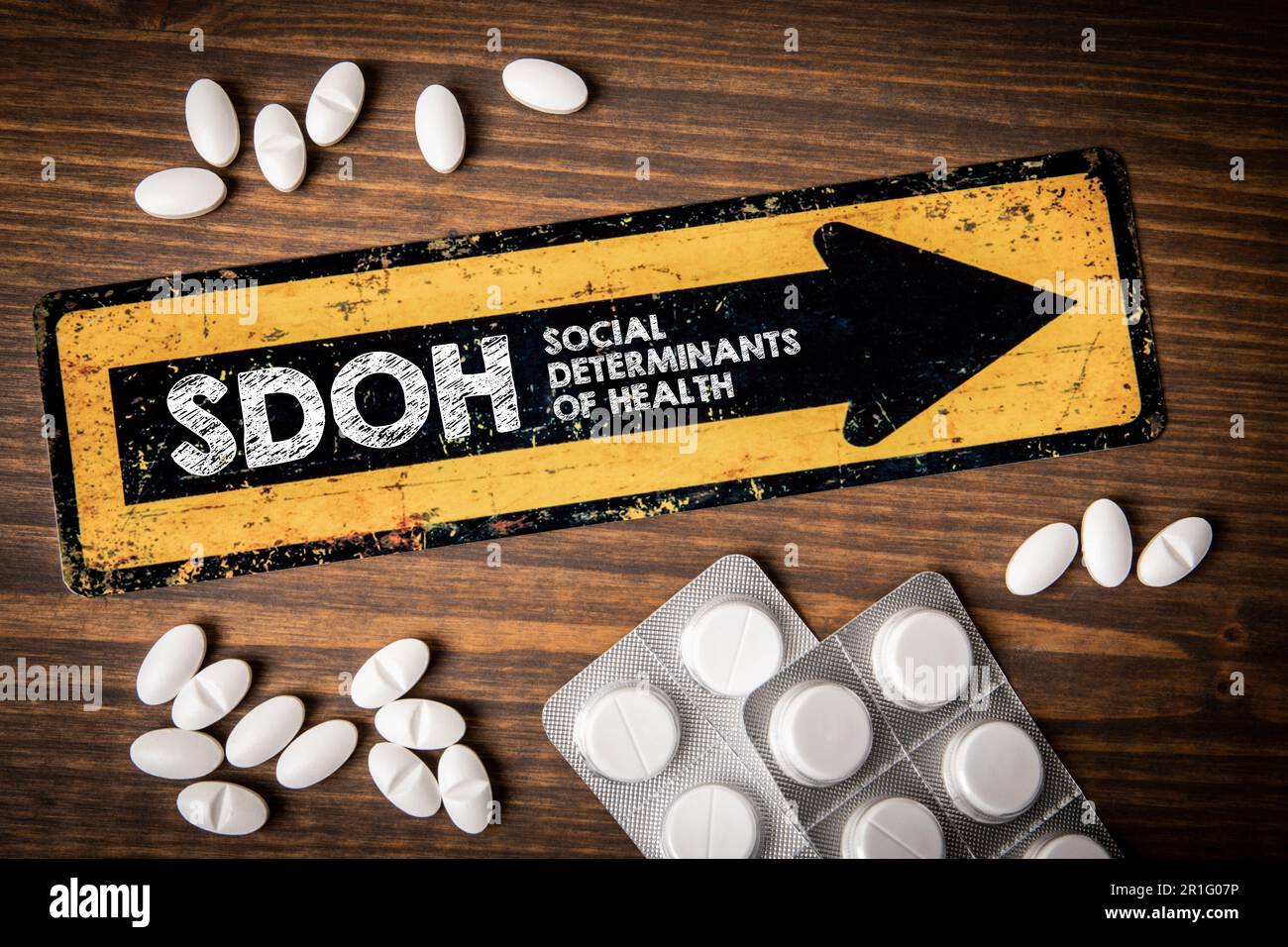 SDOH Social Determinants Of Health. Yellow direction sign with text and ...
