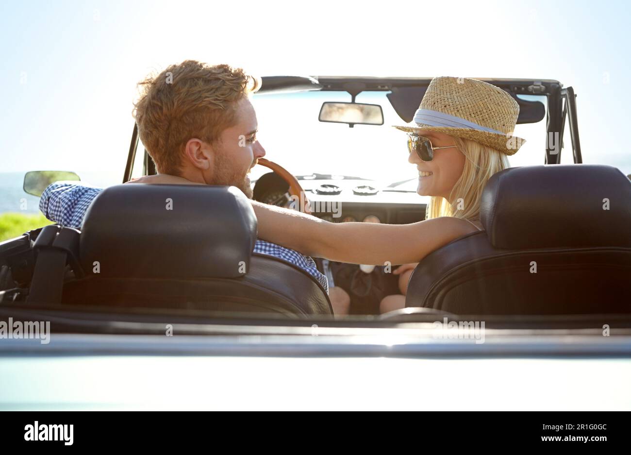 Car road trip, travel and back of couple on bonding holiday adventure ...