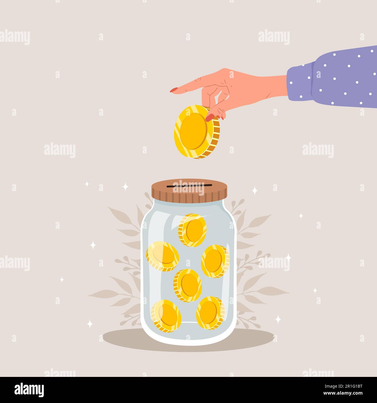 Donation glass jar with gold coins. Female hands throw money in huge ...