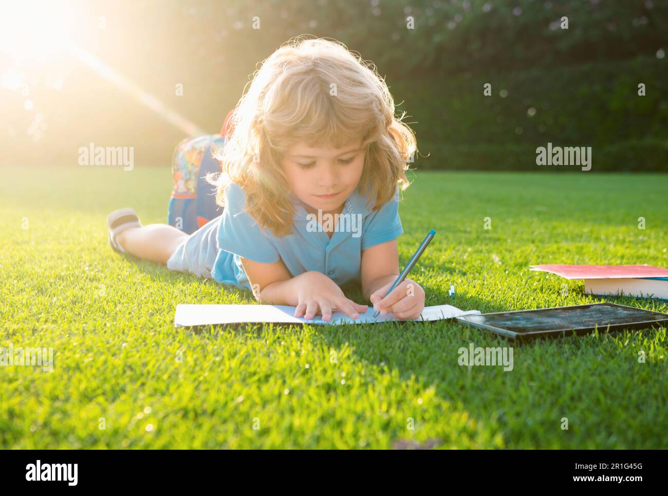 Kid boy reading interest book and writing notes in copybook in the ...