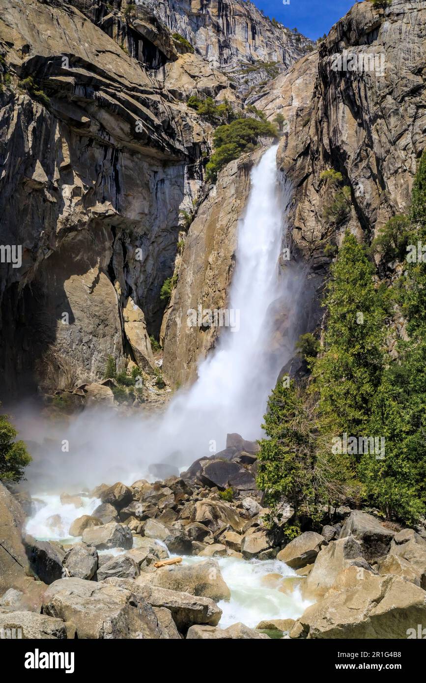 Close up of Lower Yosemite Falls full of snowmelt water in the spring ...