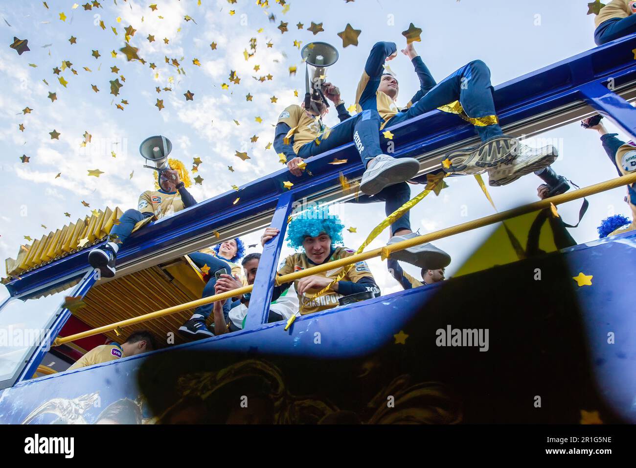 Zenit team players on the bus at Senate Square during the football ...