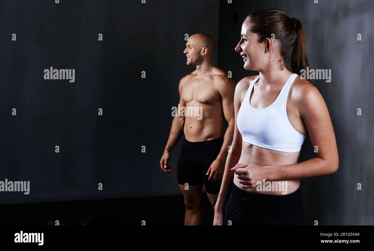 Training, smile and happy people looking at gym mockup, workout ...