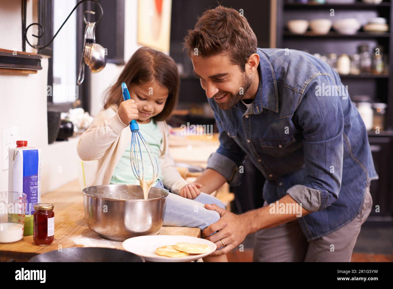 Cooking, happy and breakfast for father with daughter in kitchen for ...