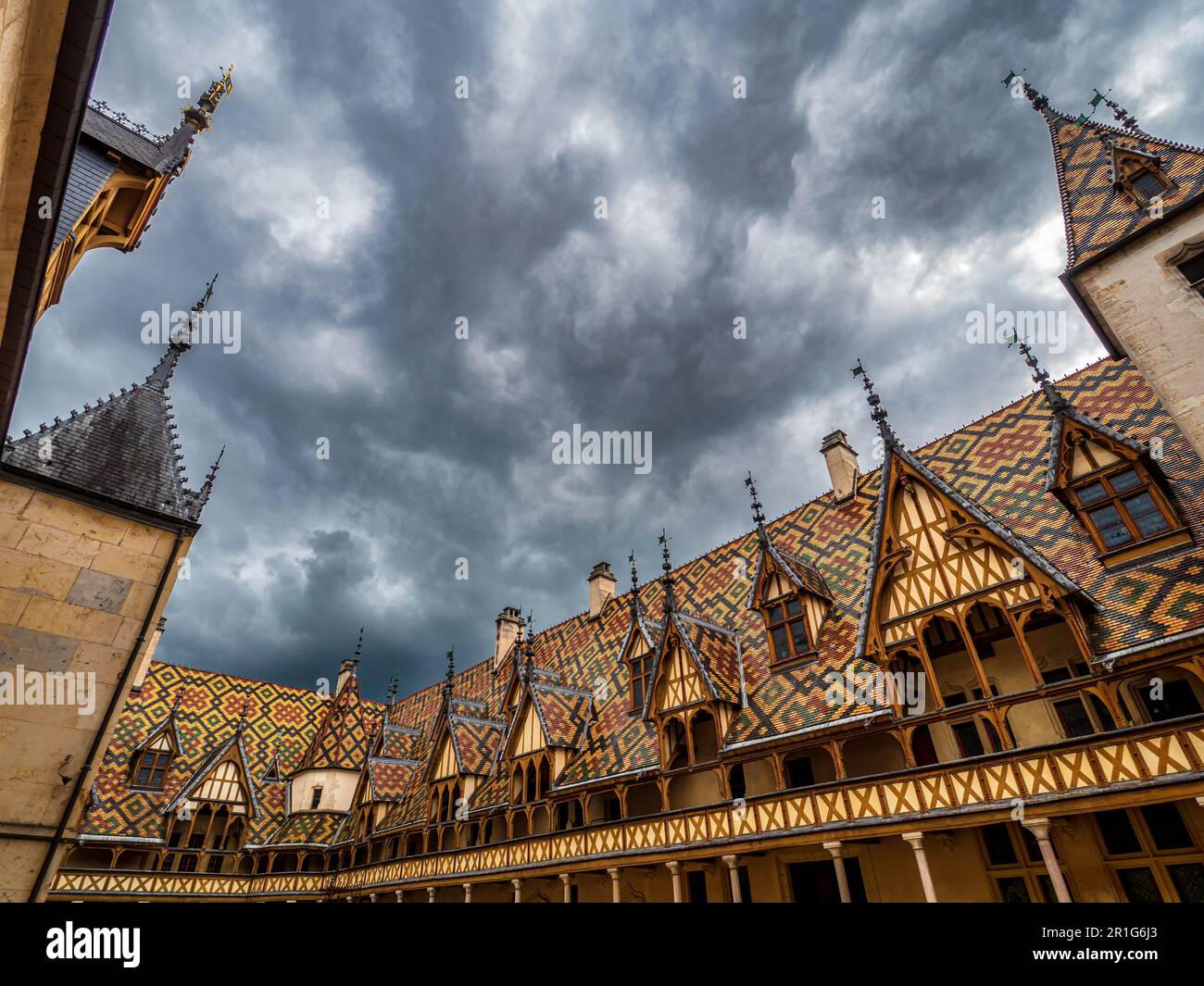 Magnificent view, empty streets of the medieval city of Beaune in ...
