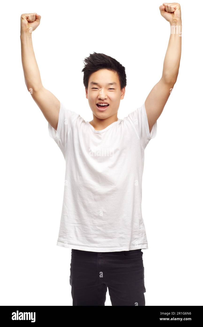 Yes, winning and portrait with a Asian male teen with youth and ...