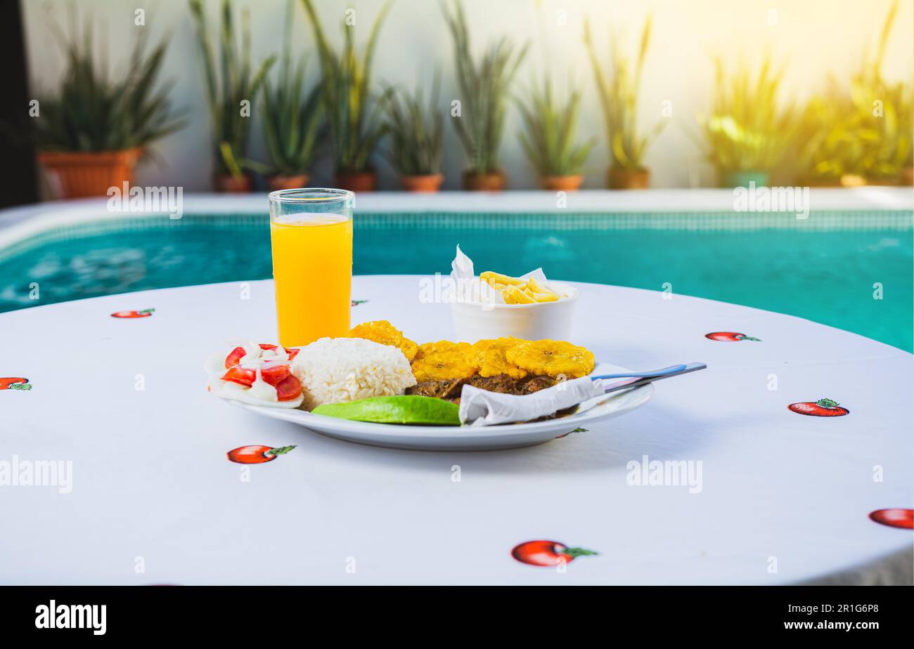 Vacation breakfast near a swimming pool, Delicious breakfast near a ...