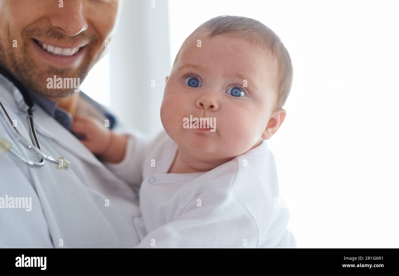 Funny, face and baby with pediatrician in hospital for medical support ...