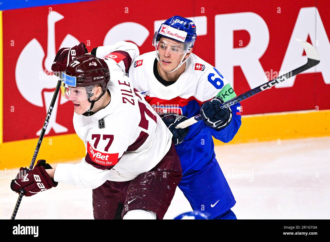 Riga, Latvia. 13th May, 2023. L-R Kristaps Zile (LAT) and Patrik Koch ...