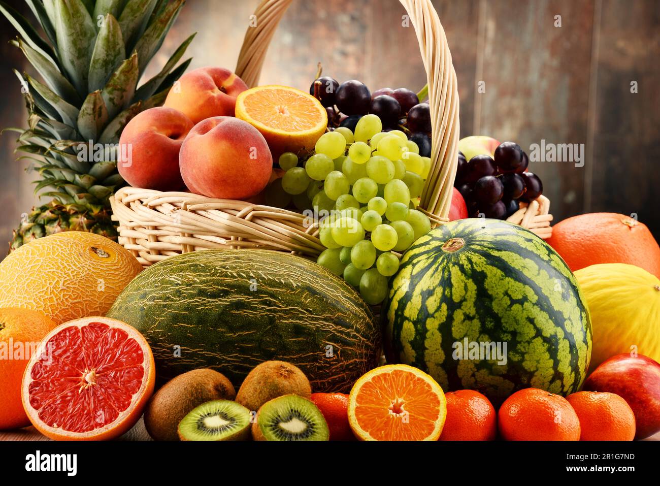 Composition with assorted fruits. Balanced diet Stock Photo - Alamy
