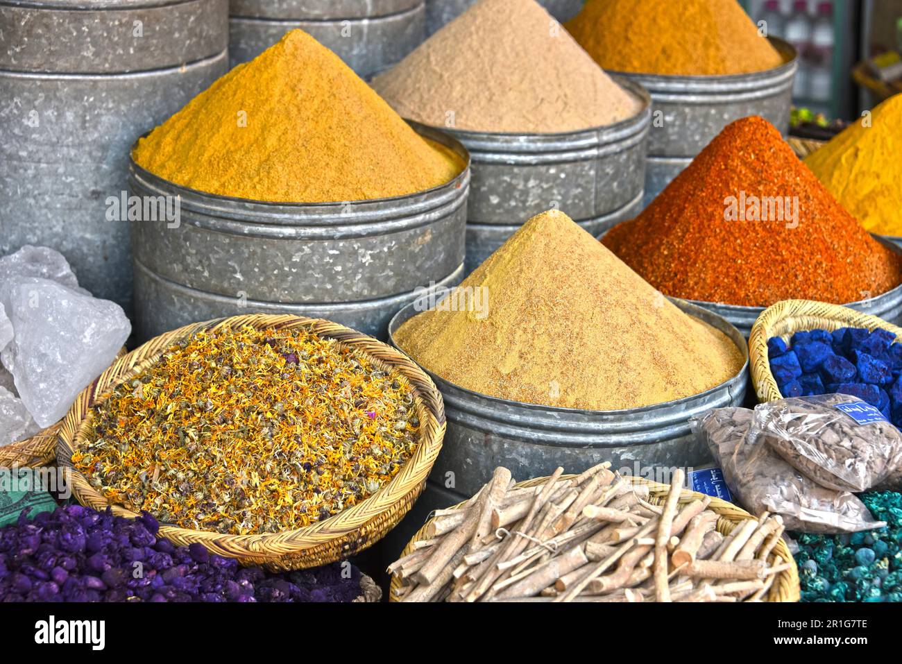 Variety of spices on the arab street market stall Stock Photo - Alamy