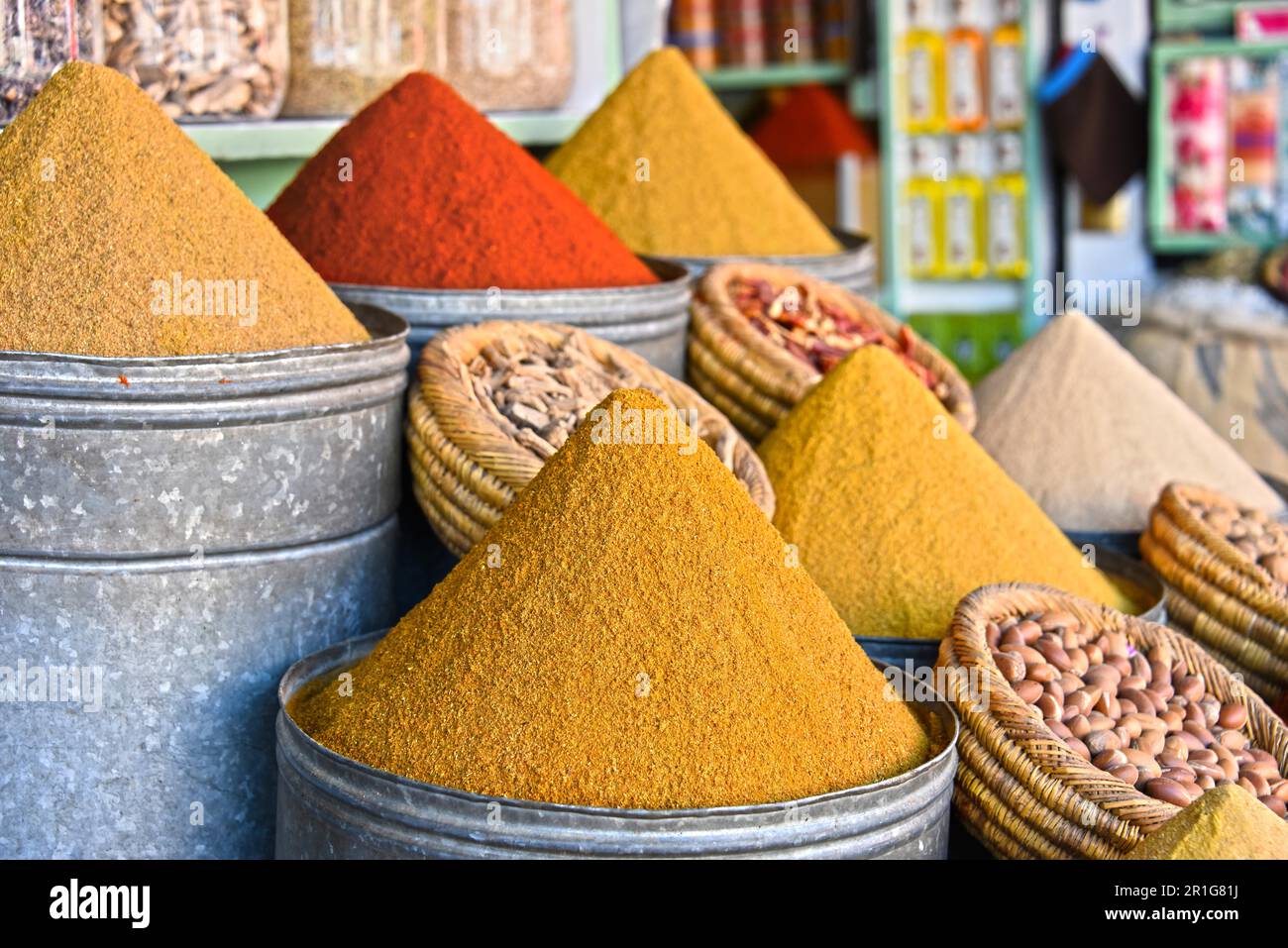 Variety of spices on the arab street market stall Stock Photo - Alamy