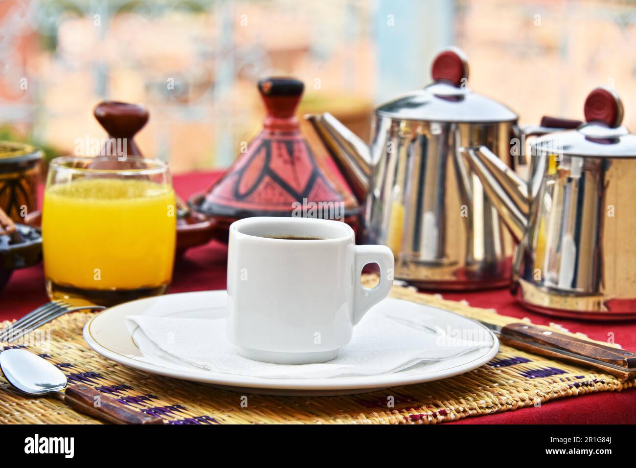 Moroccan breakfast served on hotel terrace in Atlas Mountains Stock ...