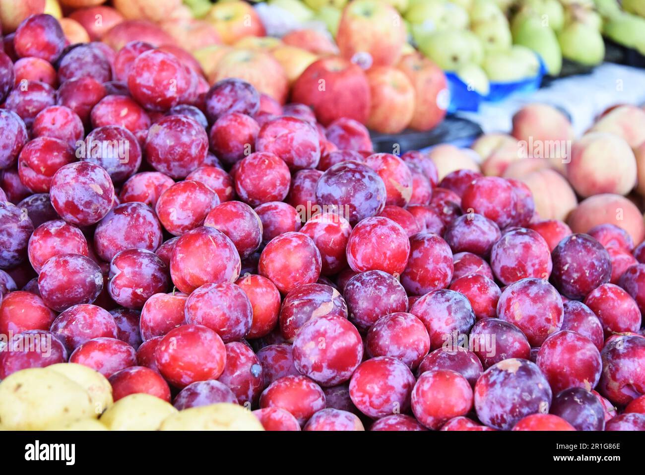 Variety of fresh ripe fruits on street market stall Stock Photo - Alamy