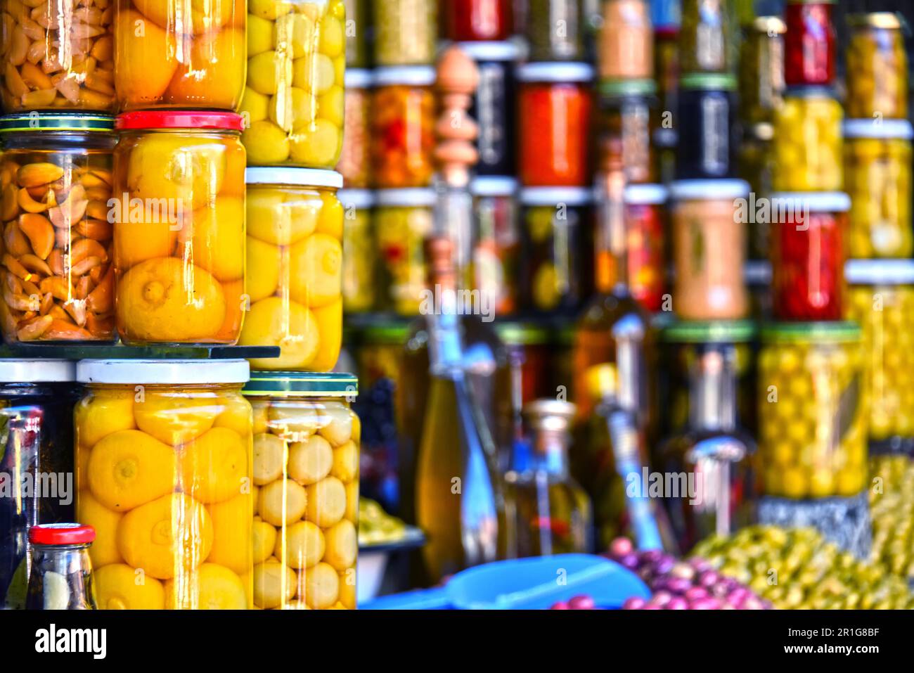 Jars of preserved food on the arab street market stall Stock Photo - Alamy