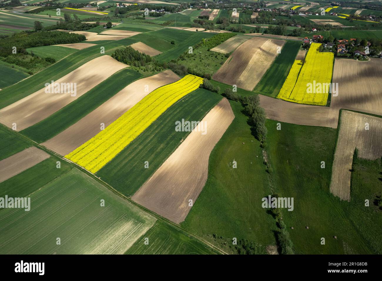 Colorful patterns in crop fields at farmland, aerial view, drone photo ...