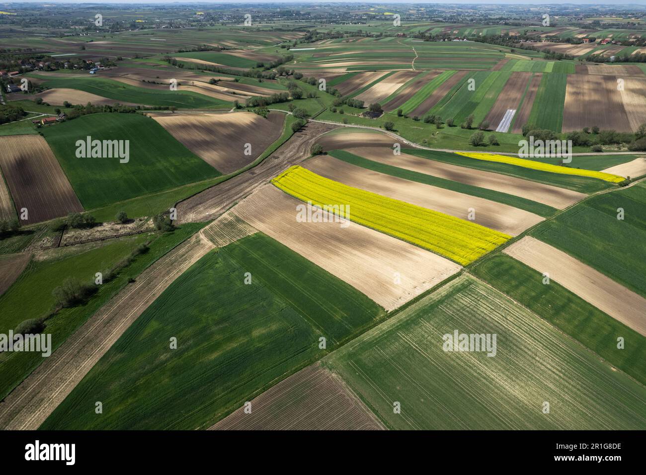 Colorful patterns in crop fields at farmland, aerial view, drone photo ...
