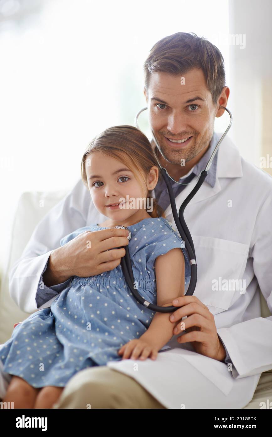 Portrait, child and stethoscope of pediatrician for healthcare ...