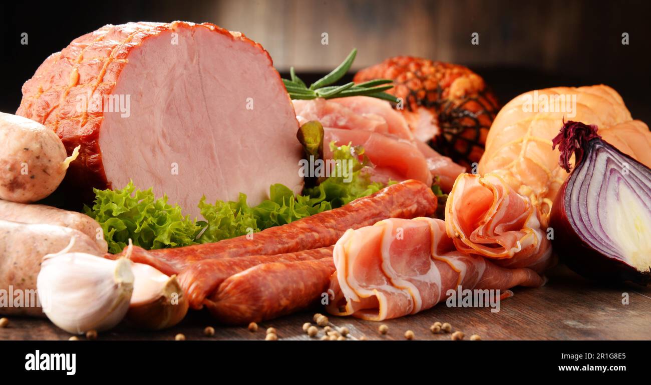 Assorted meat products including ham and sausages Stock Photo - Alamy