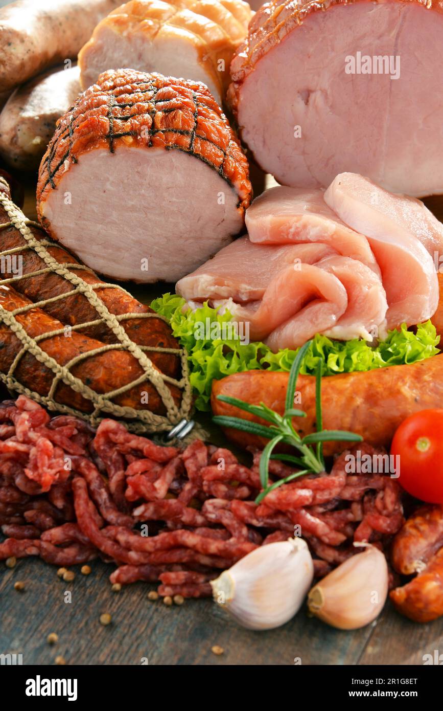 Assorted meat products including ham and sausages Stock Photo - Alamy