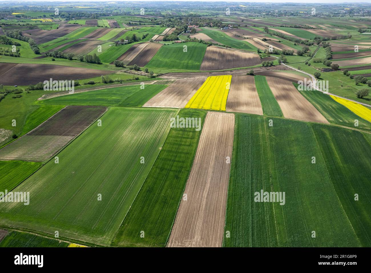 Colorful patterns in crop fields at farmland, aerial view, drone photo ...