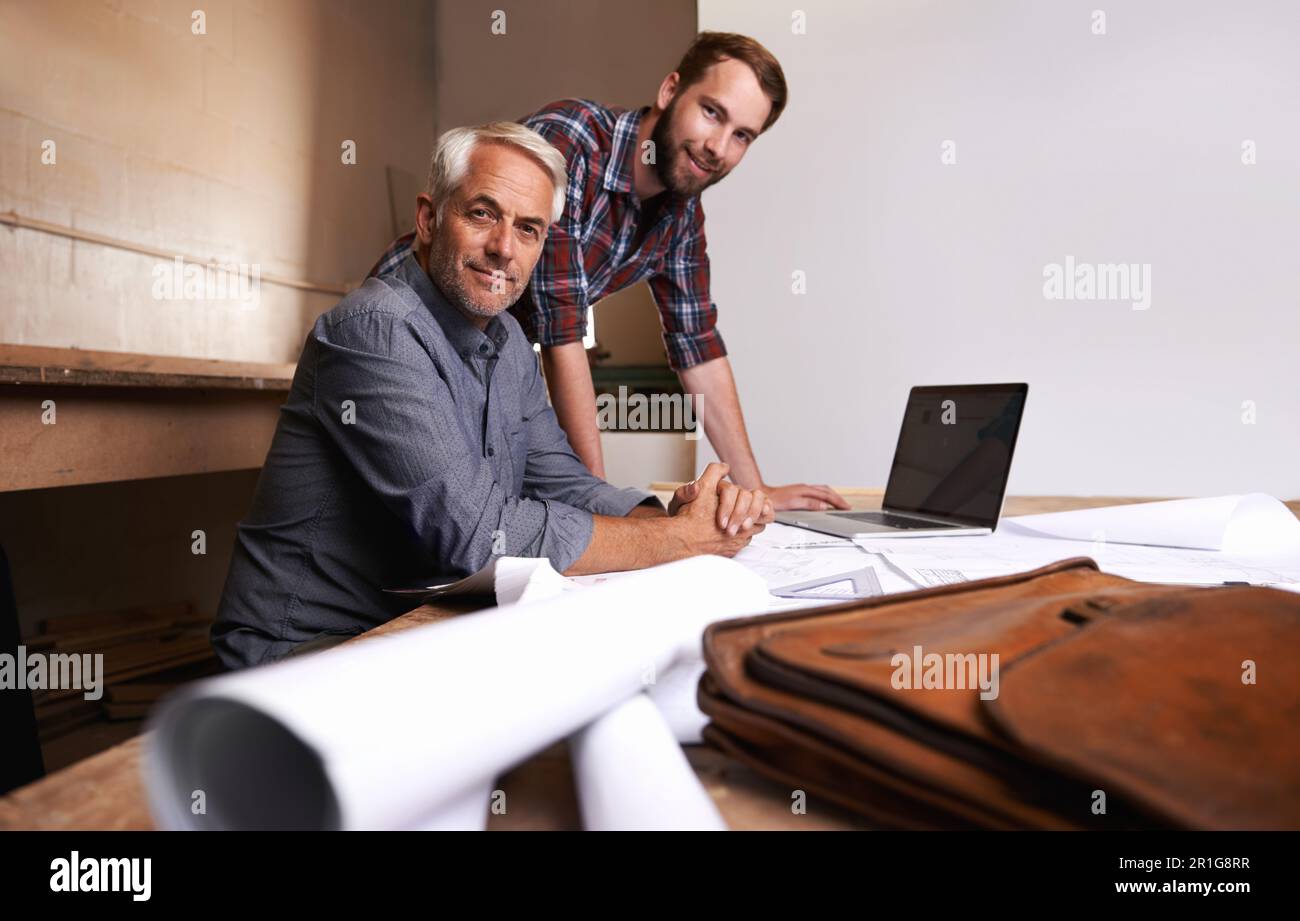 Architects, teamwork and portrait of men in workshop with blueprint for ...