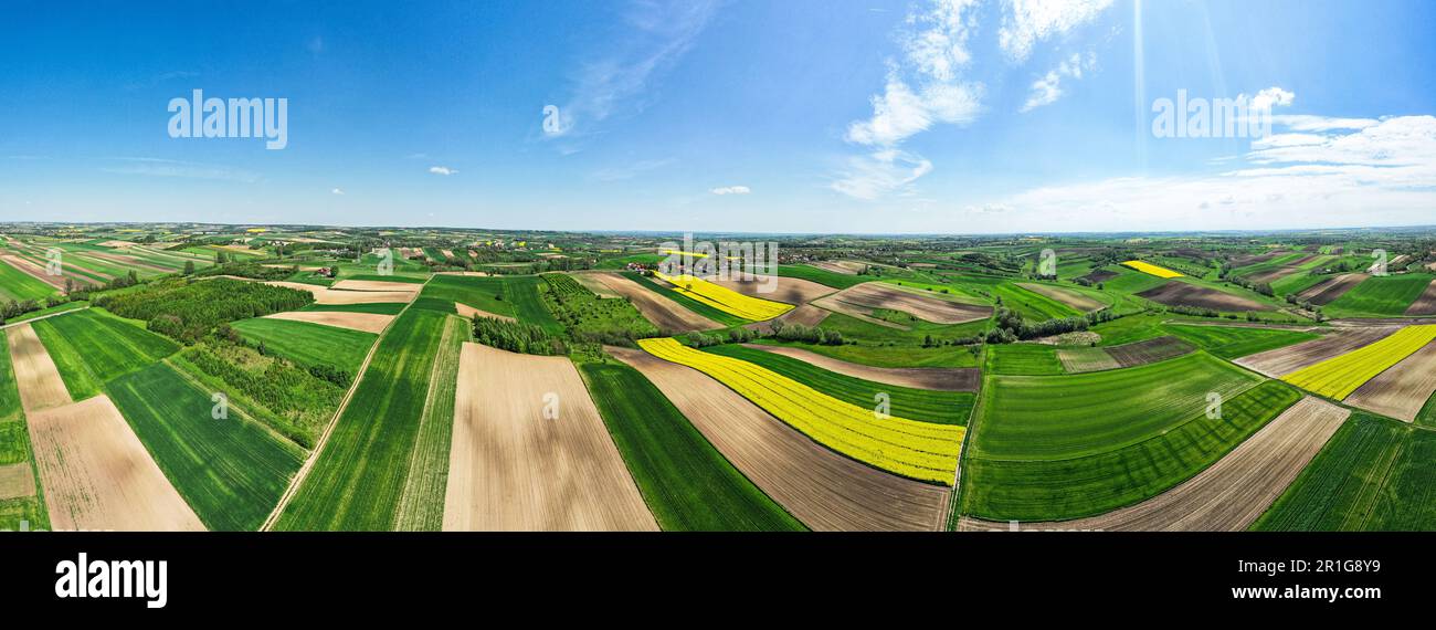 Colorful patterns in crop fields at farmland, aerial view, drone photo ...