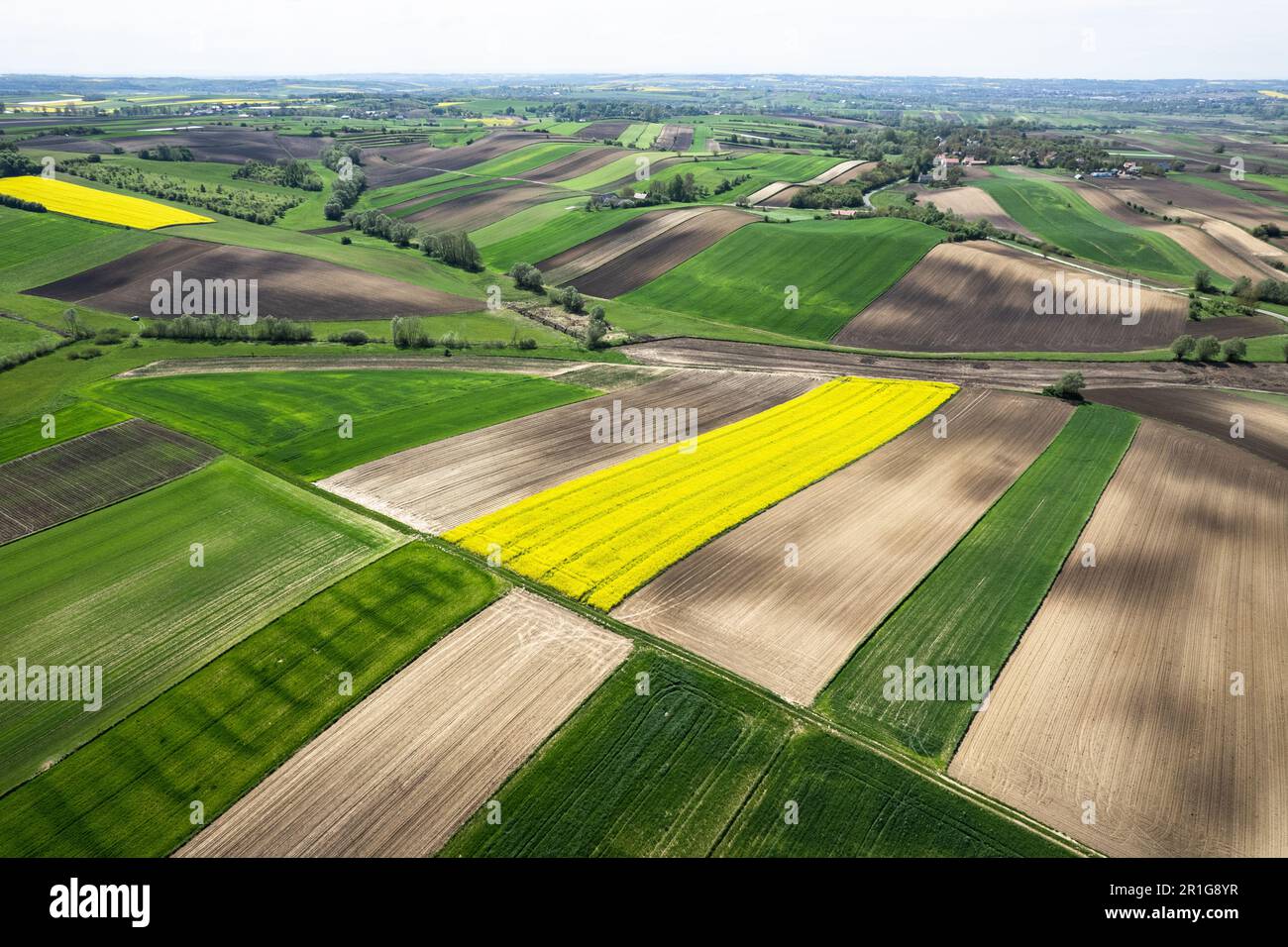 Colorful patterns in crop fields at farmland, aerial view, drone photo ...