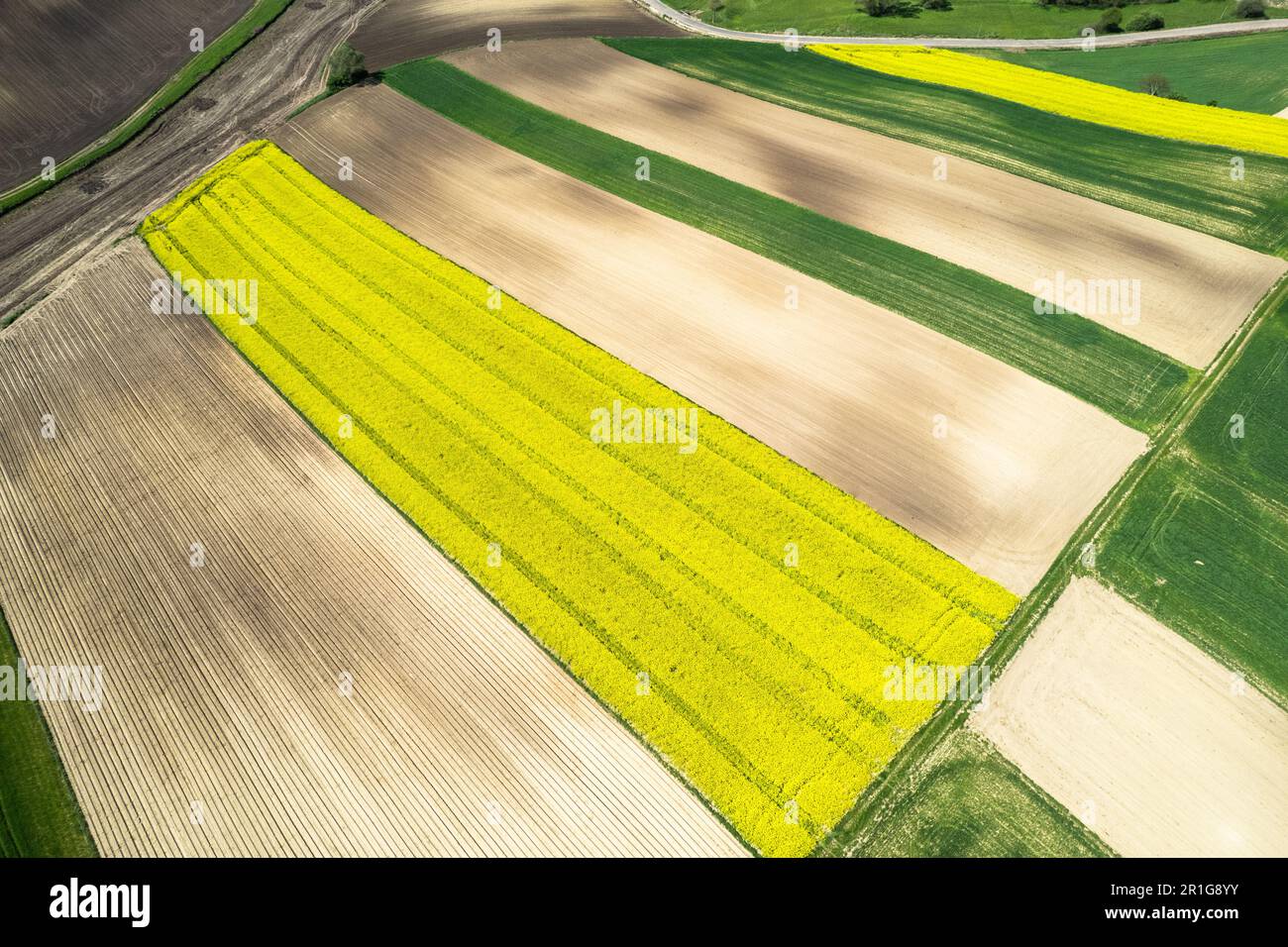 Colorful patterns in crop fields at farmland, aerial view, drone photo ...