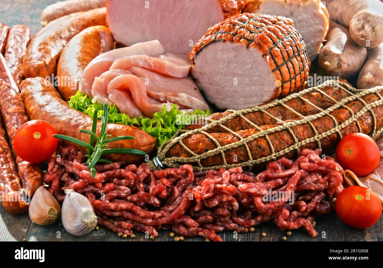 Assorted meat products including ham and sausages Stock Photo - Alamy