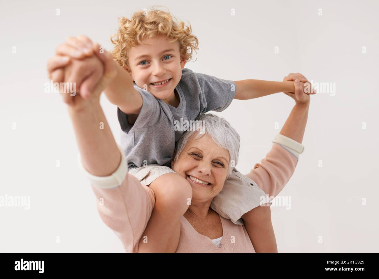 Airplane, portrait and grandmother with child embrace, happy and ...