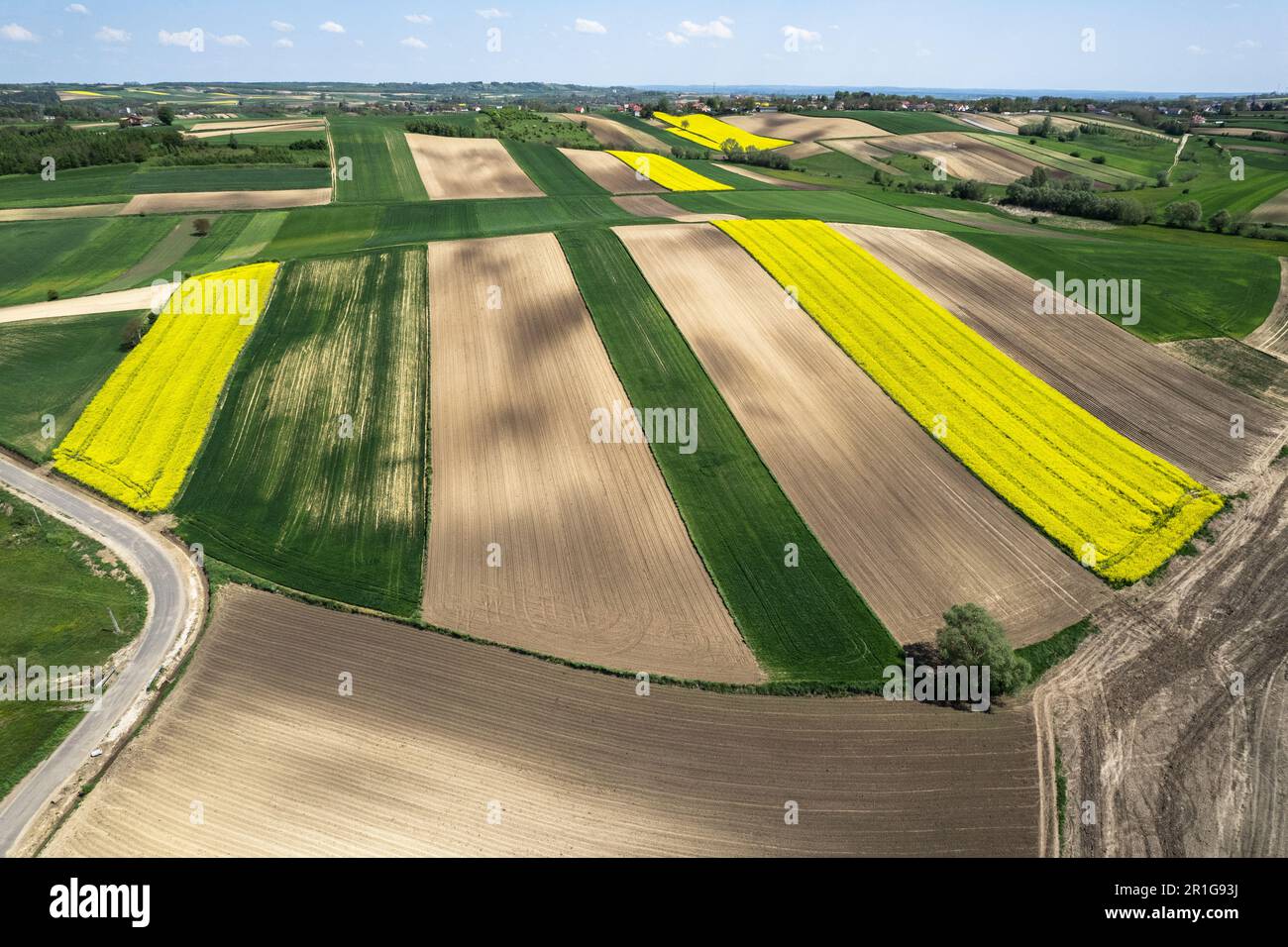 Colorful patterns in crop fields at farmland, aerial view, drone photo ...