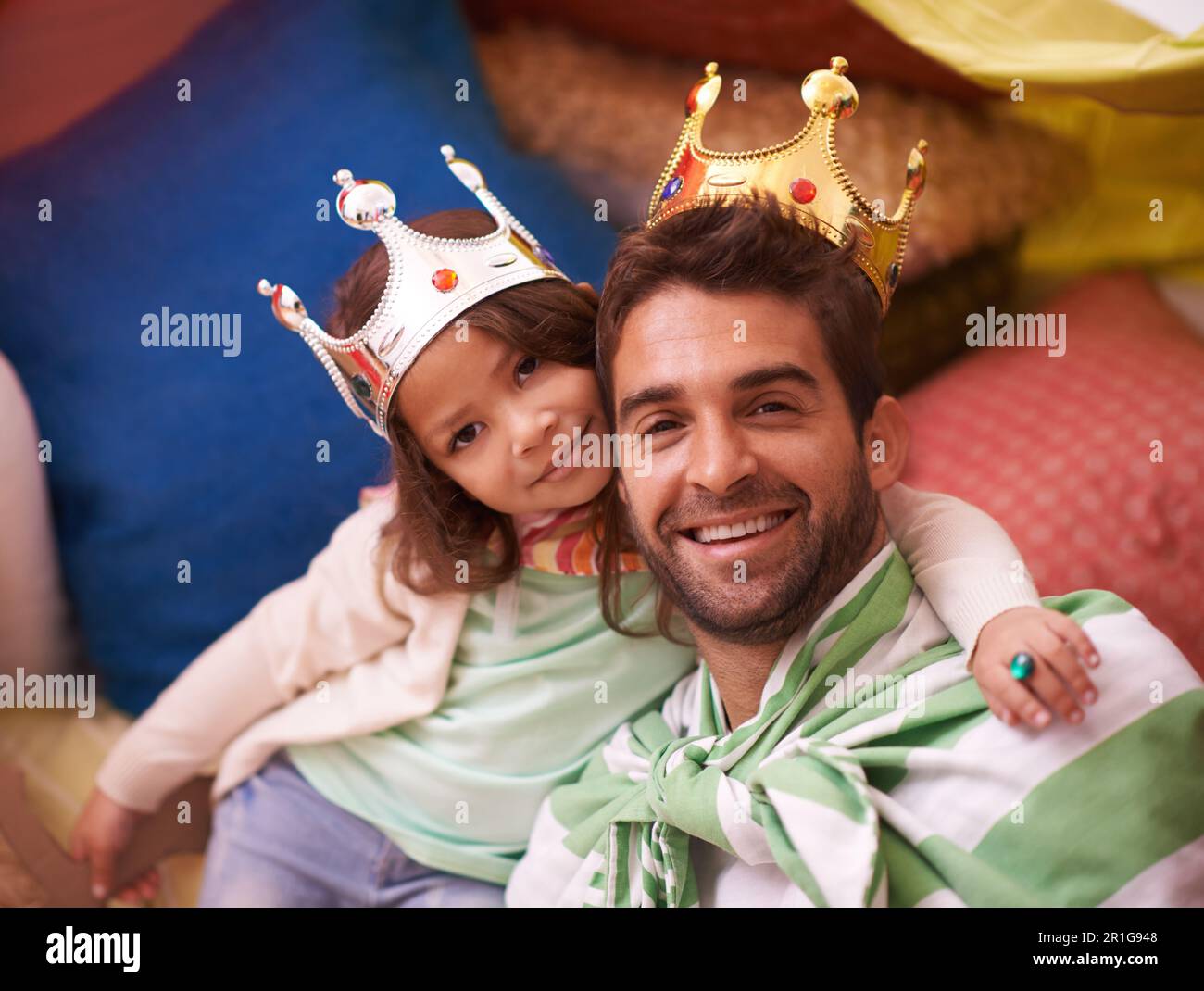 Young kid, dress up portrait and dad with princess fun in a bedroom ...