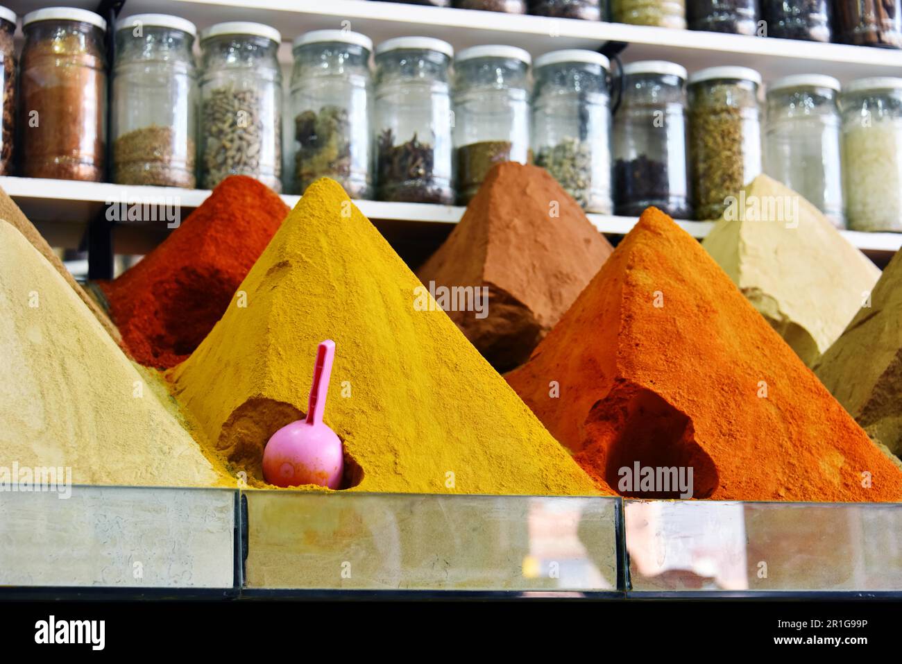 Variety of spices on the arab street market stall Stock Photo - Alamy