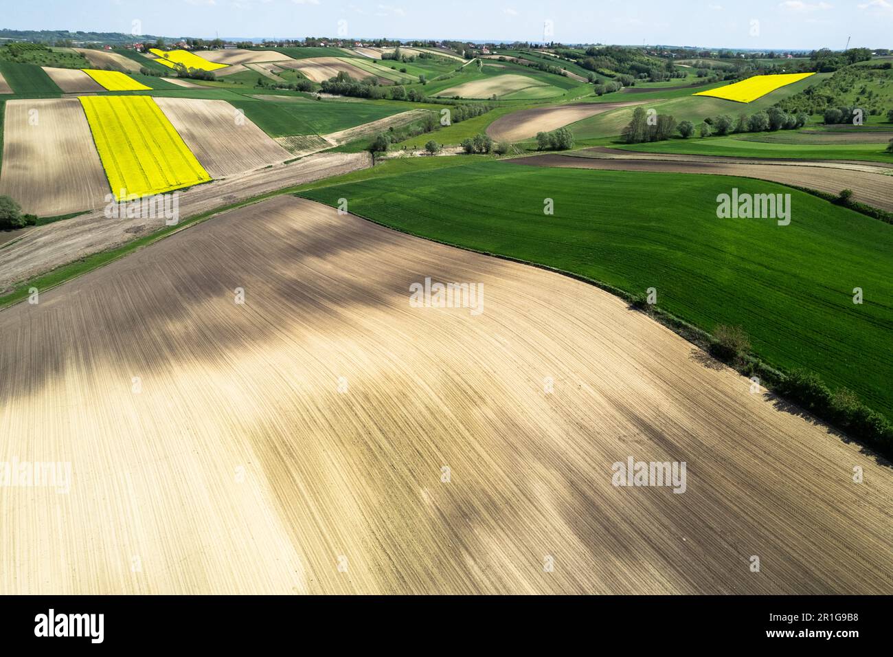 Colorful patterns in crop fields at farmland, aerial view, drone photo ...
