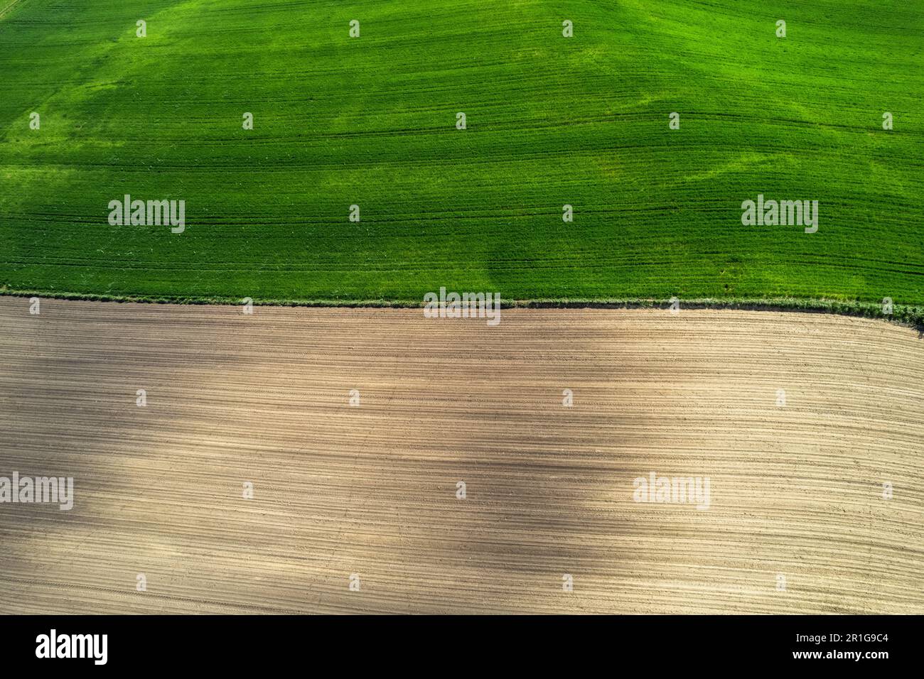 Colorful patterns in crop fields at farmland, aerial view, drone photo ...