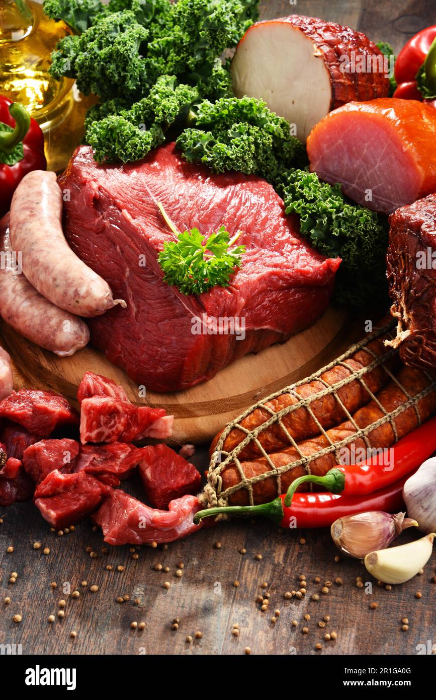 Variety of meat products including ham and sausages Stock Photo - Alamy