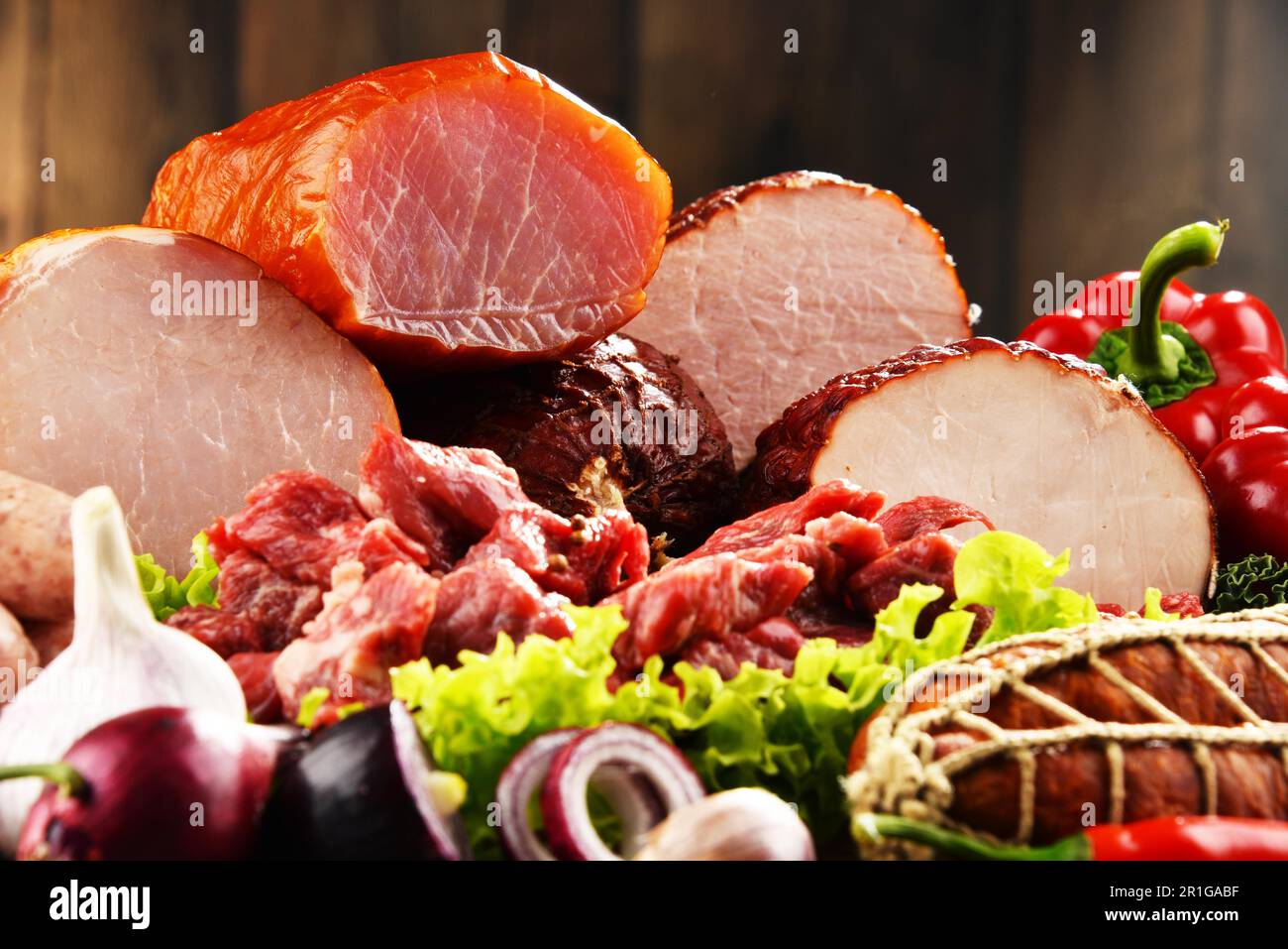 Variety of meat products including ham and sausages Stock Photo - Alamy