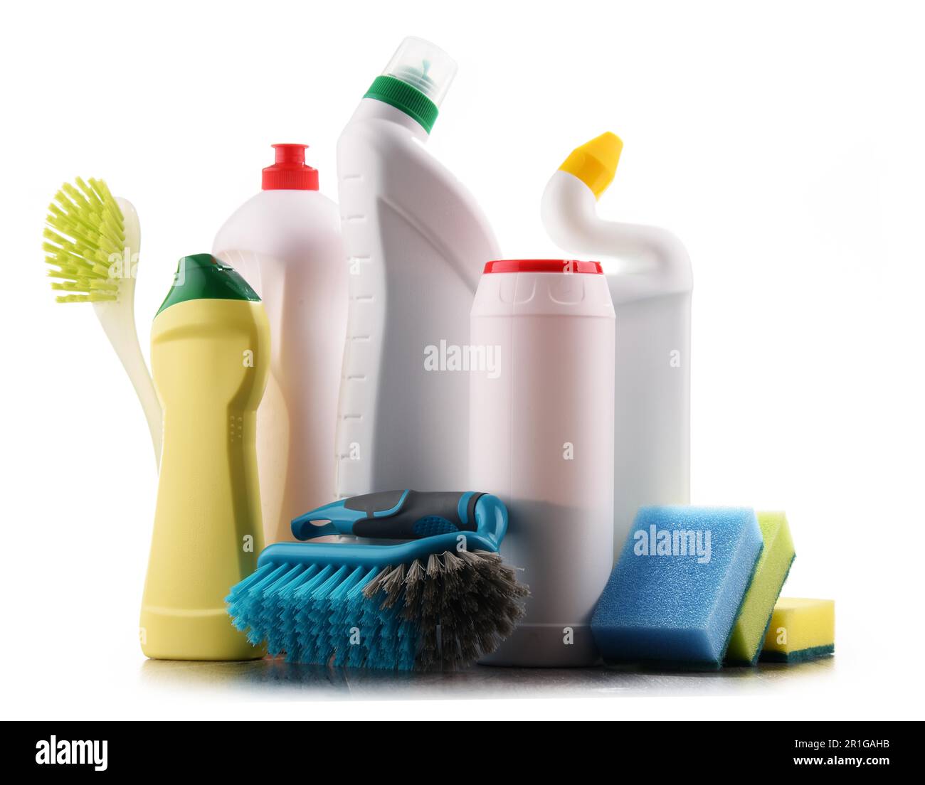 Chemical cleaning supplies isolated on white Stock Photo - Alamy
