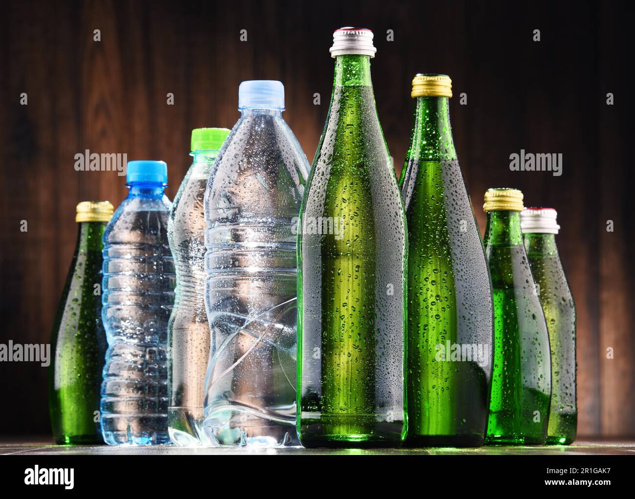 Composition with different sorts of bottles containing mineral water ...