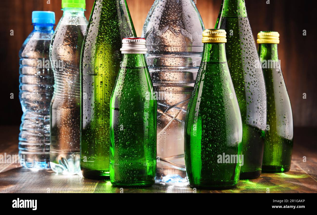 Composition with different sorts of bottles containing mineral water ...