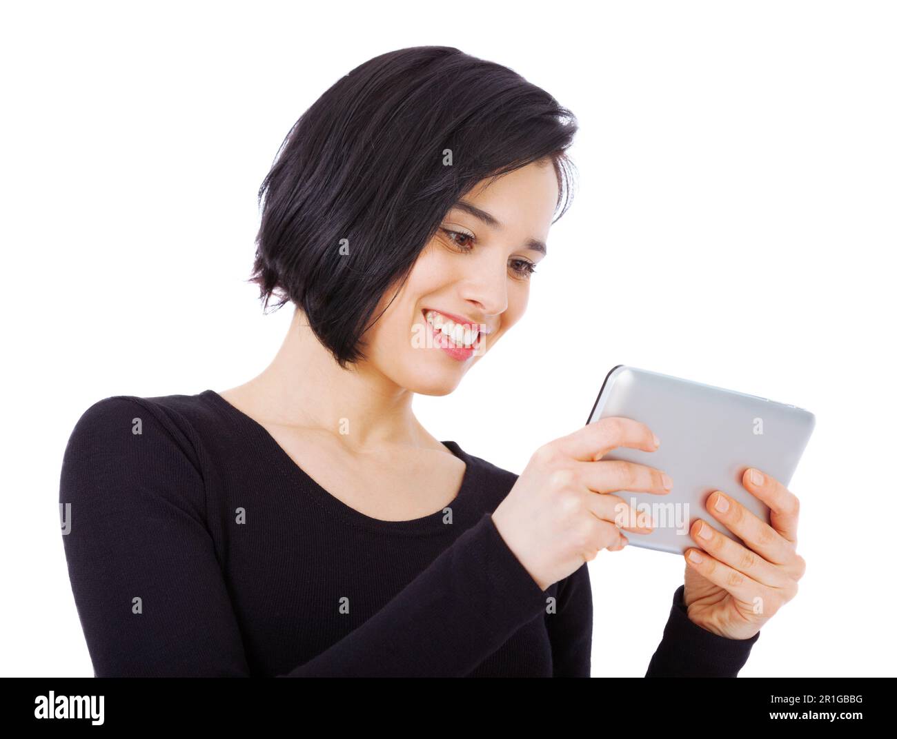 Smile, tablet and woman reading online content on the internet or ...