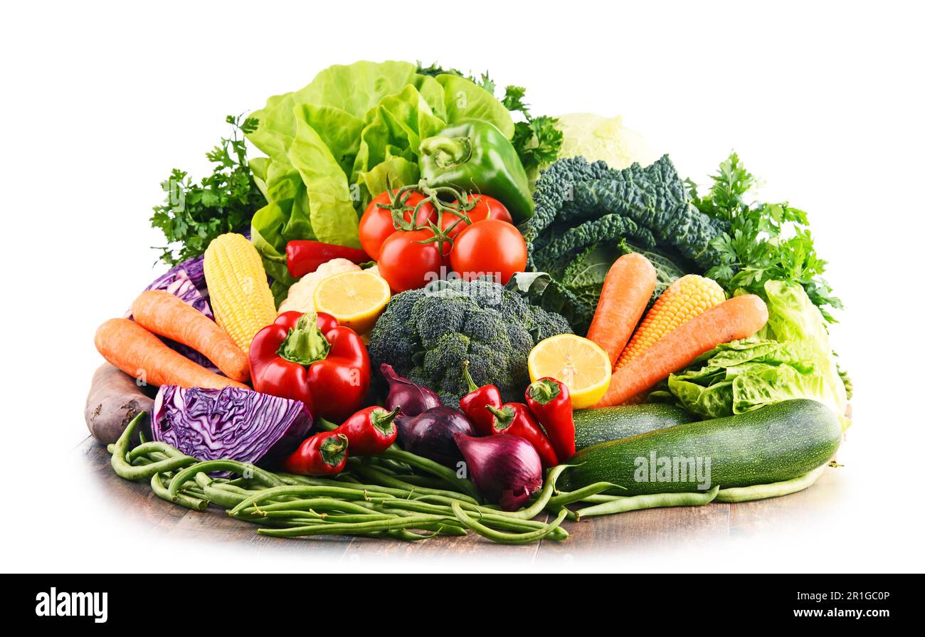 Composition with variety of raw organic vegetables and fruits. Balanced ...