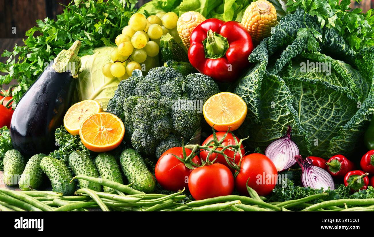 Composition with variety of raw organic vegetables and fruits. Balanced ...