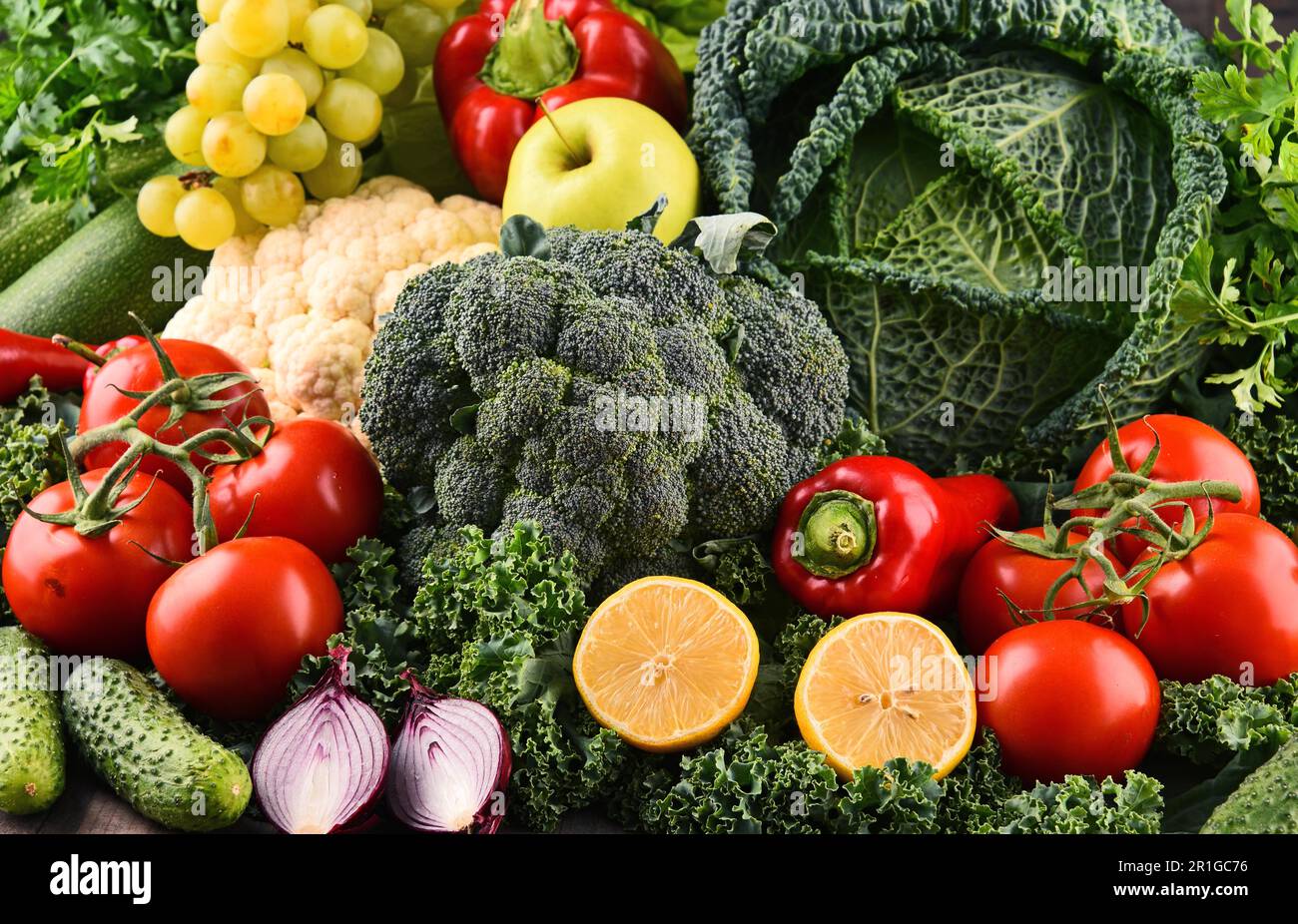Composition with variety of raw organic vegetables and fruits. Balanced ...
