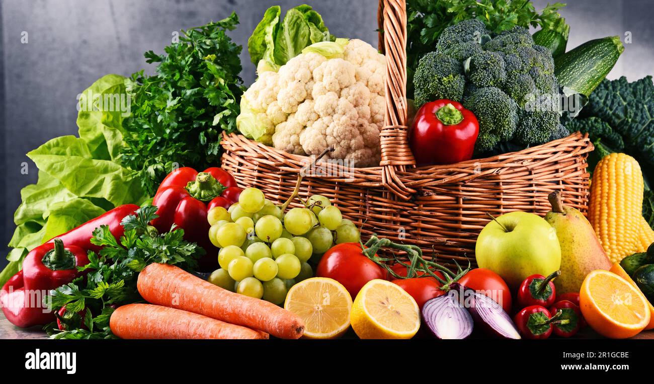 Composition with variety of raw organic vegetables and fruits. Balanced ...