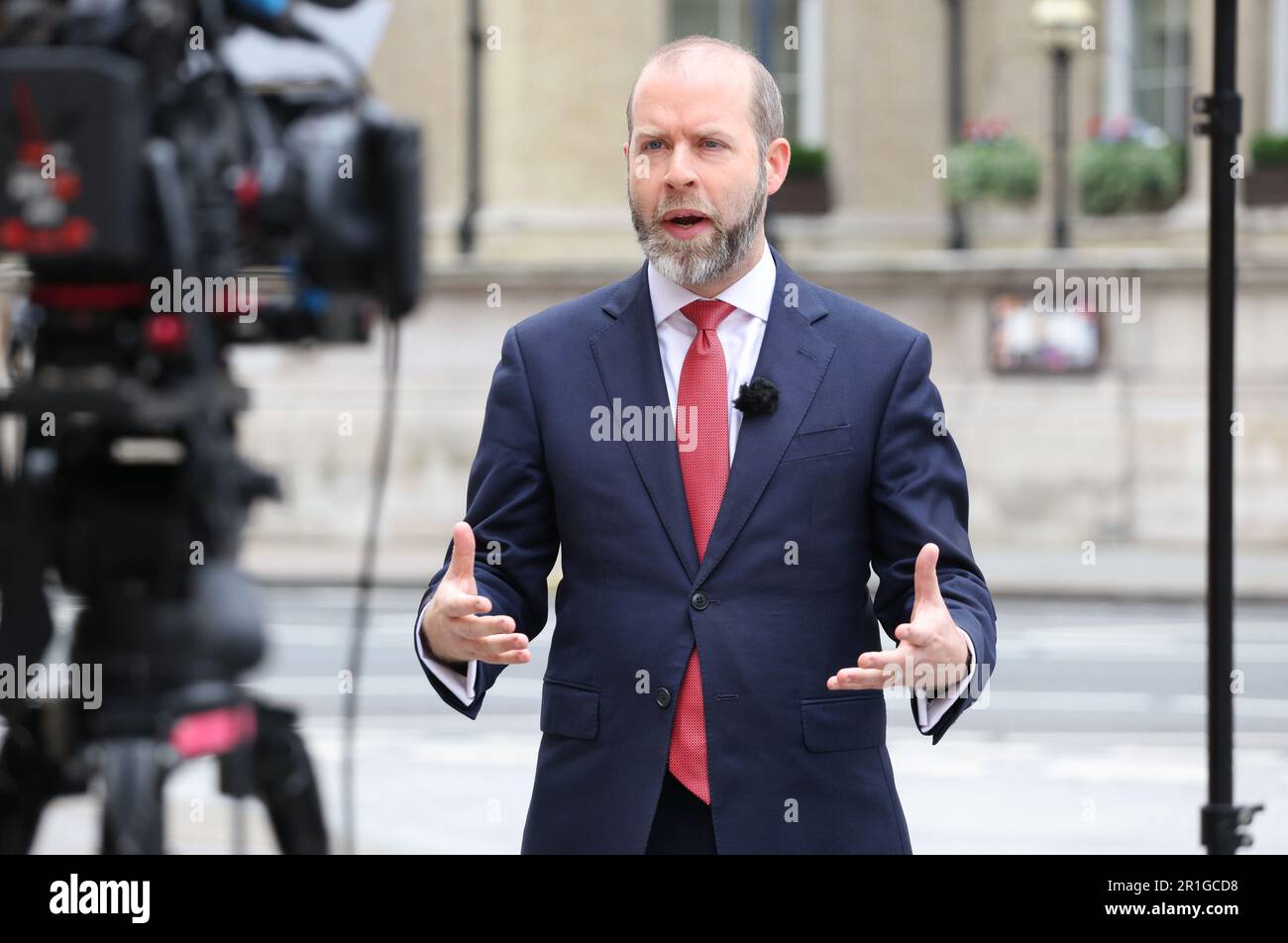 Shadow business secretary Jonathan Reynolds speaks to the media outside BBC Broadcasting House ...
