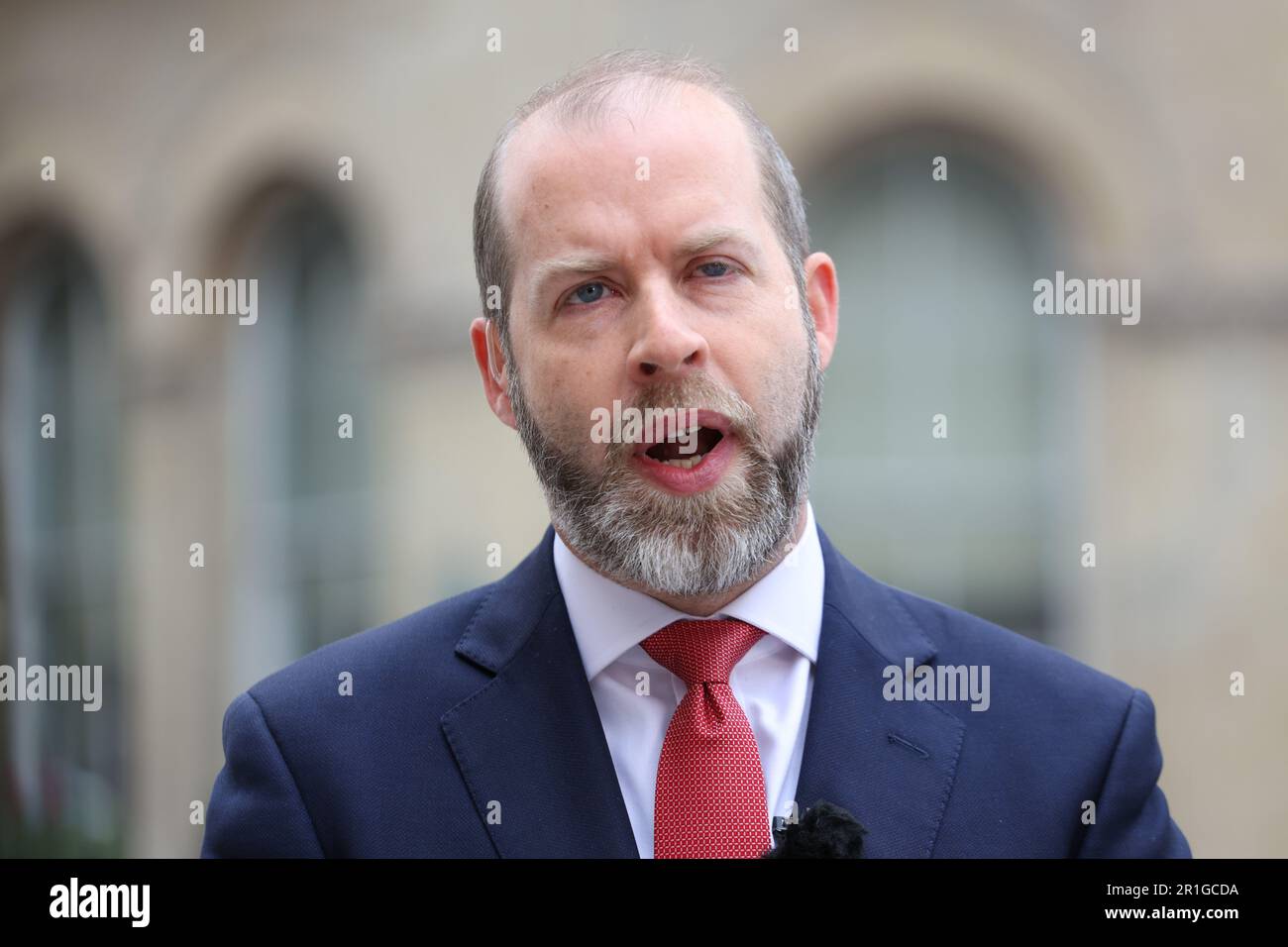 Shadow business secretary Jonathan Reynolds speaks to the media outside BBC Broadcasting House ...