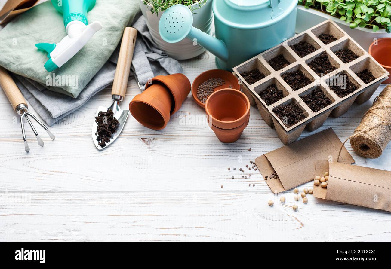 Gardening concept, planting at home. Set of gardening tools and ...